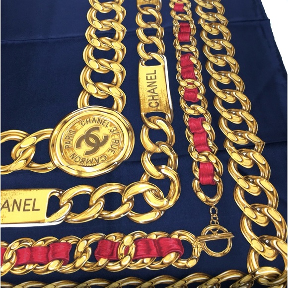 CHANEL | Accessories | Authentic Chanel Silk Scarf Navy And Gold | Poshmark